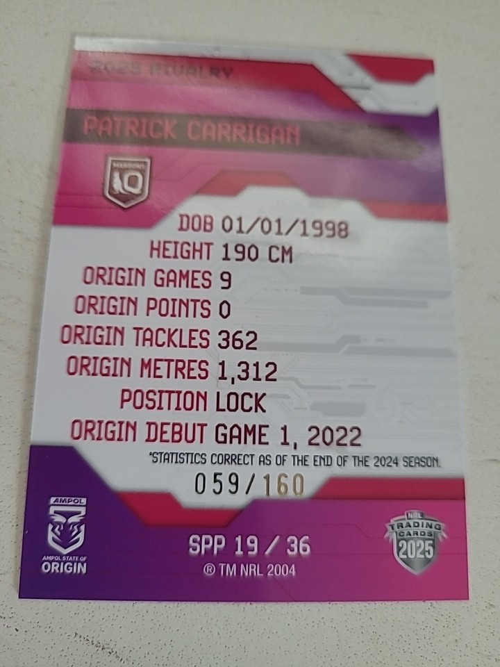 2025 NRL Rivalry PINK State of Origin SPP 19 Patrick Carrigan ...