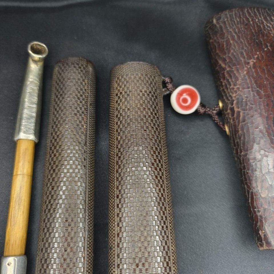 Vintage! Japanese antique silver smoking pipe Kiseru with leather case ...