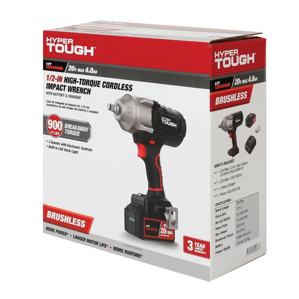 Hyper Tough 20V Max Brushless 1/2-inch High-Torque Cordless Impact ...