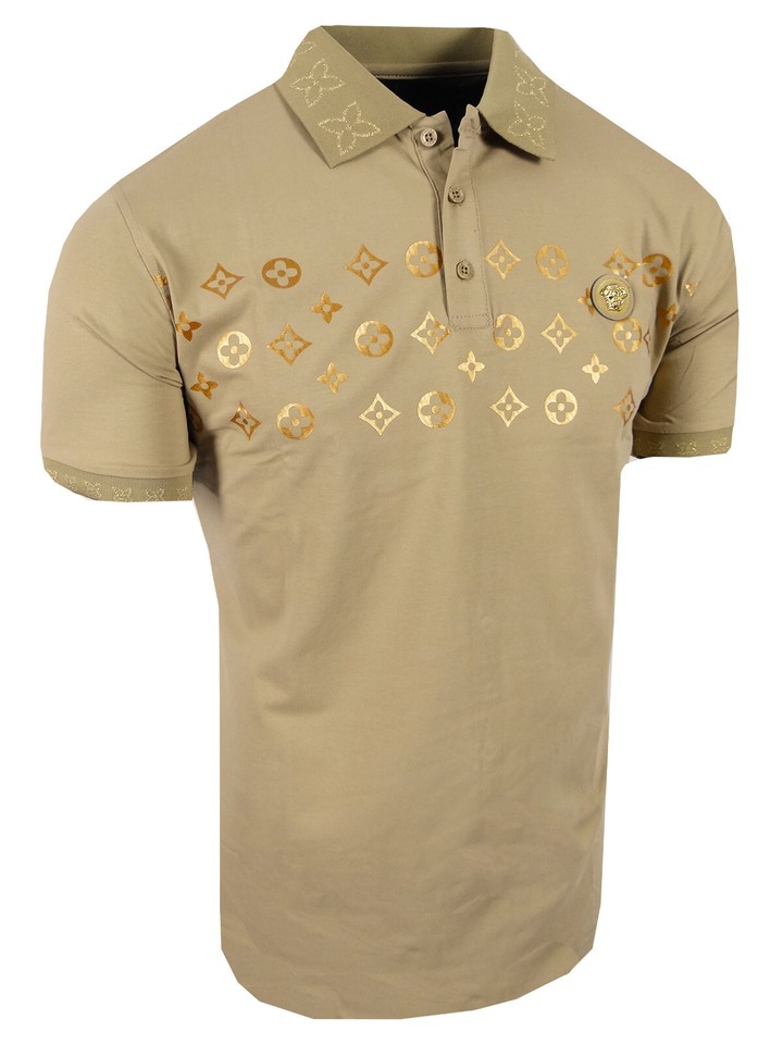 Polo Shirt Mens Luxury Italian Shiny Gold Prints Logo Slim Fit Stretch ...
