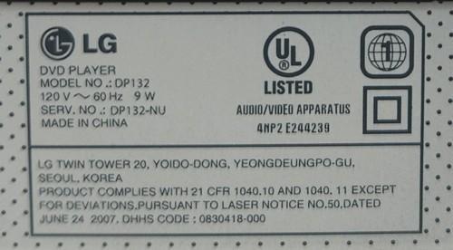 LG DVD / CD Player - Model: DP132 w/ Remote & Setup Cords DivX Playback ...