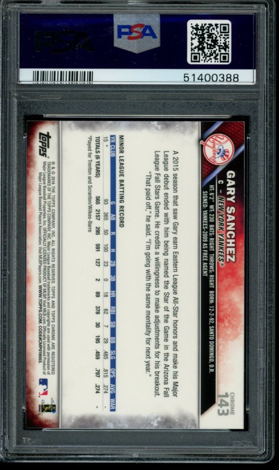 2016 Topps Chrome Gary Sanchez RC Card #143 PSA 10 Gem Mint Rookie | eBay