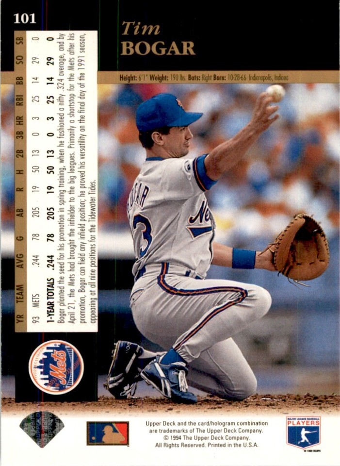 1994 UPPER DECK* TIM BOGAR NEW YORK METS #101 | eBay