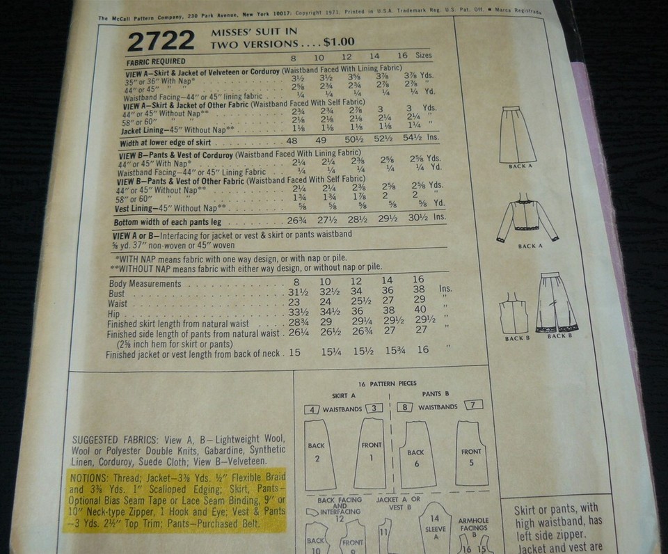 Vintage 1970s McCalls Sewing Pattern 2722 Misses Suit Gaucho Pants Size ...