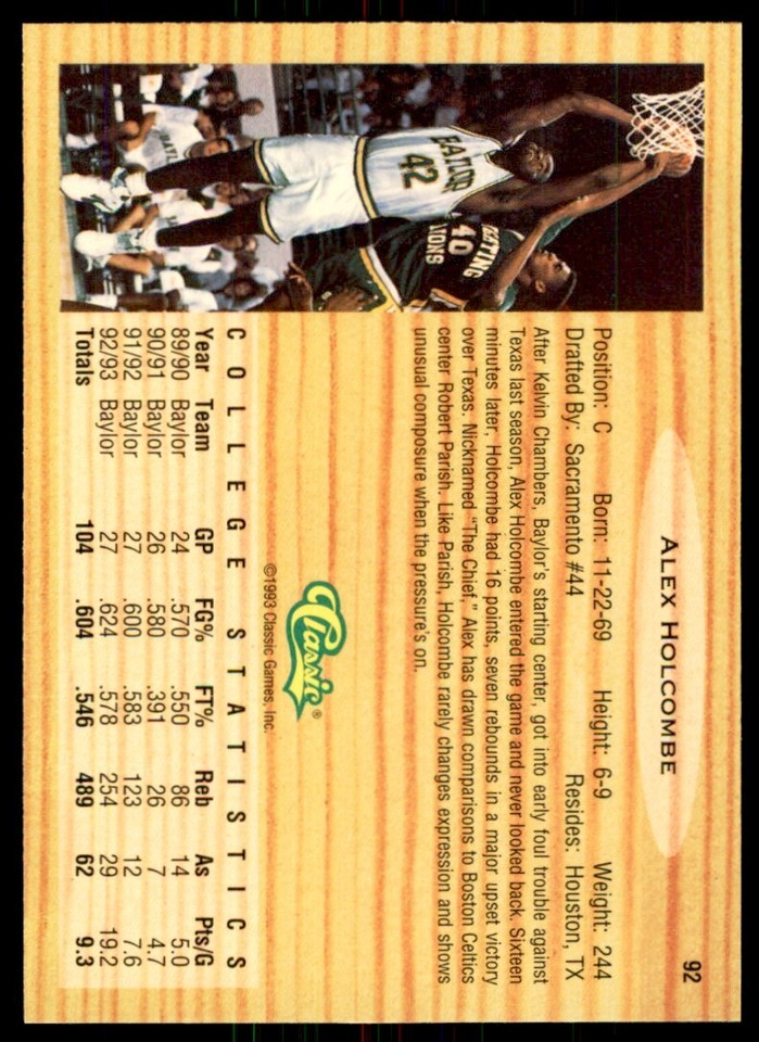 1993-94 Classic Draft Picks Alex Holcombe #92 | eBay