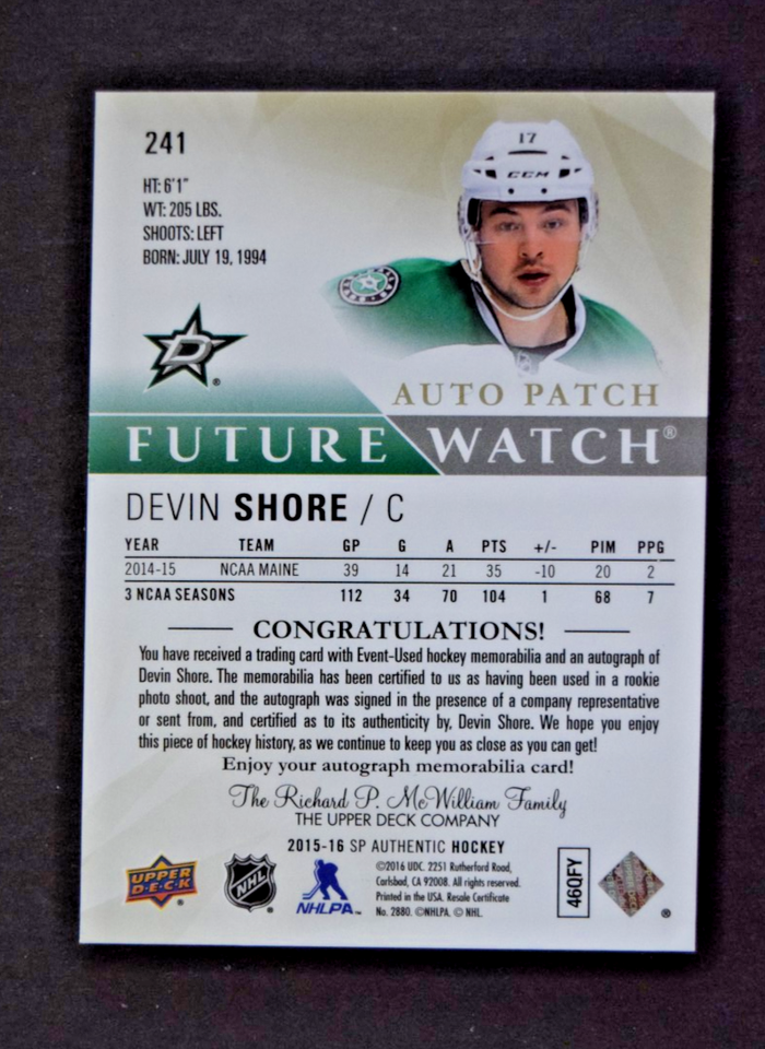 2015-16 SP Authentic Future Watch Auto Patch Devin Shore #27/100 | eBay