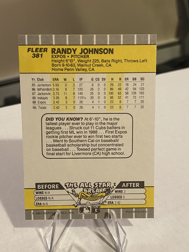 1989 Fleer #381 Randy Johnson (RC) - Marlboro Ad on Scoreboard Green ...