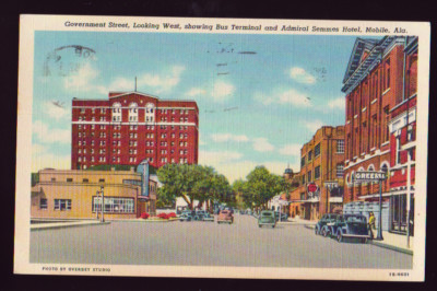 MOBILE ALABAMA AL 1949 Government Street Old Cars Signs Linen Vintage ...