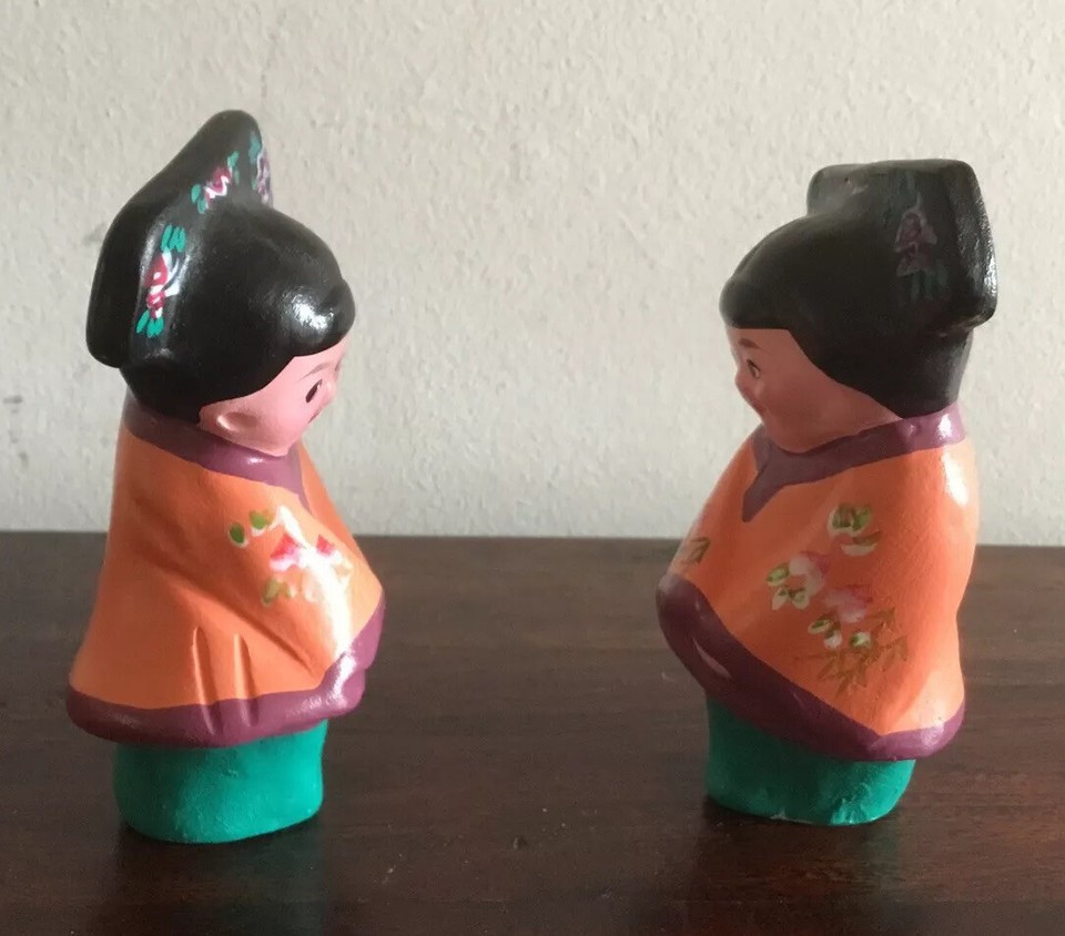 Beautiful Pair Of Colourful Chinese Lady Clay Figurines | eBay UK