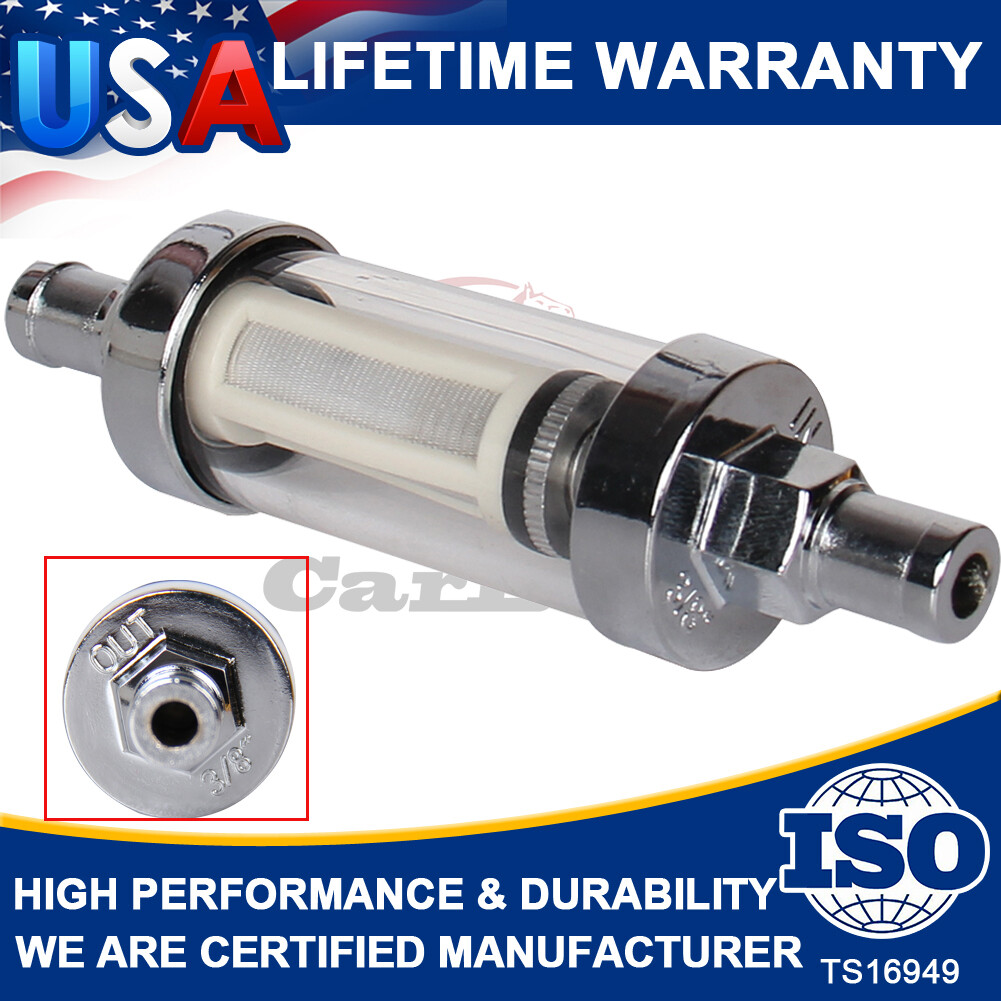 3/8 INCH CLEAR GLASS INLINE FUEL FILTER IN & OUT CHROME PLATED HOSE ...