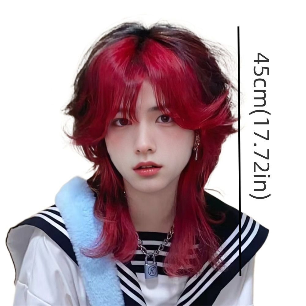Synthetic Mullet Head Wigs with Bangs Highlight Red Anime Men Wigs ...
