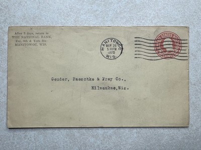Envelope Postal Cover The National Bank Manitowoc, WI EN66 May 1920 To ...