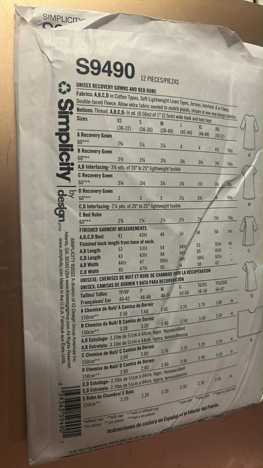 Simplicity 9490 Uncut-FF ©2022 Unisex Adult Pattern sz:XS-M 30-40 Cover ...