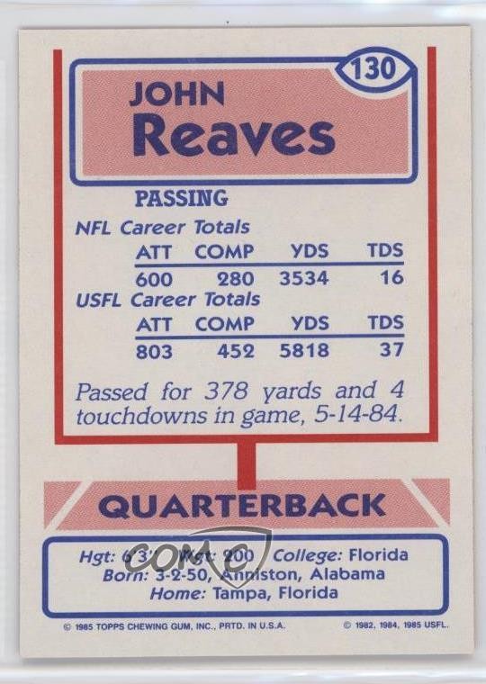 1985 Topps USFL John Reaves #130 | eBay