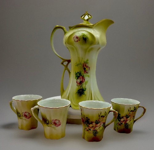 Vintage Hand Painted Nippon Chocolate Pot Set W/4 Cups - Stunning Rose ...