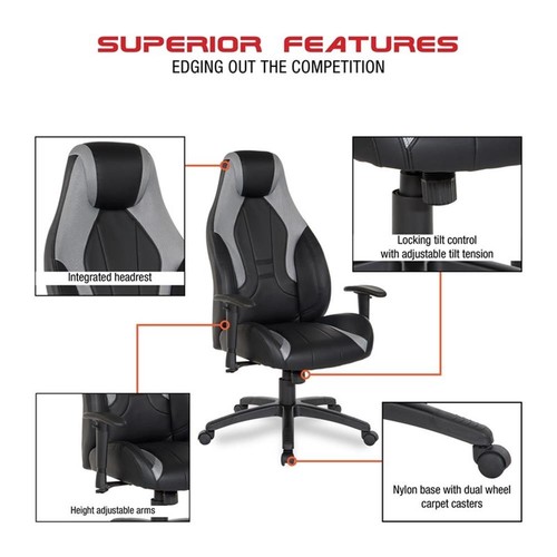 Commander Gaming Chair in Black Faux Leather and Gray Accents | eBay