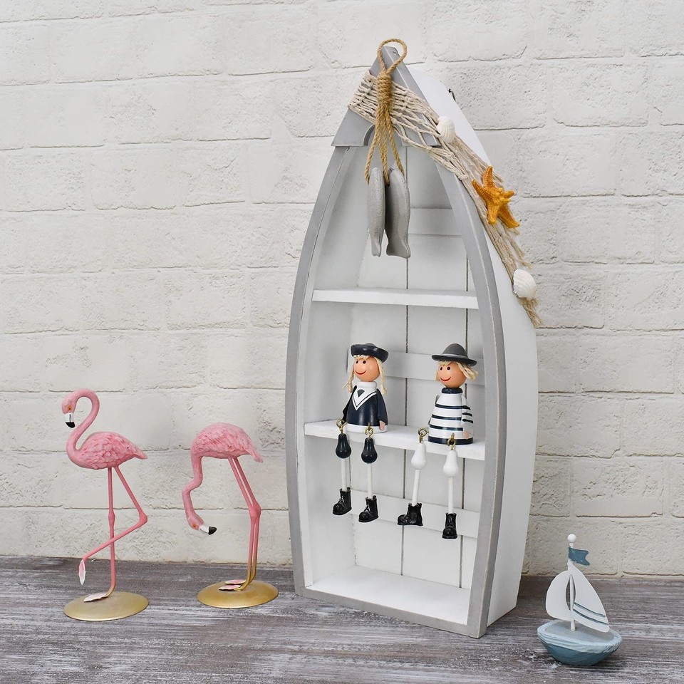 Wood Boat Shelf Decor Nautical Beach Theme Display Boat with 2 Shelves ...