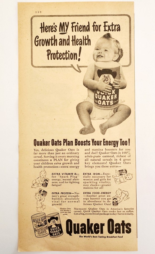 1947 Quaker Oats Breakfast Health Energy Boost Advertisement Hot Cereal ...