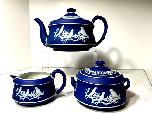 RARE 1930 C. - WEDGWOOD JASPERWARE DARK BLUE CAPNER'S 3PC TEA SET - CRM ...