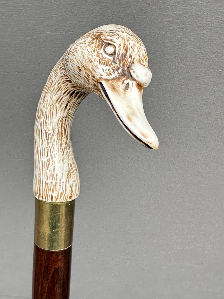 Duck Head Walking Stick Cane Wooden Hand Carved Resin Bird Brass ...