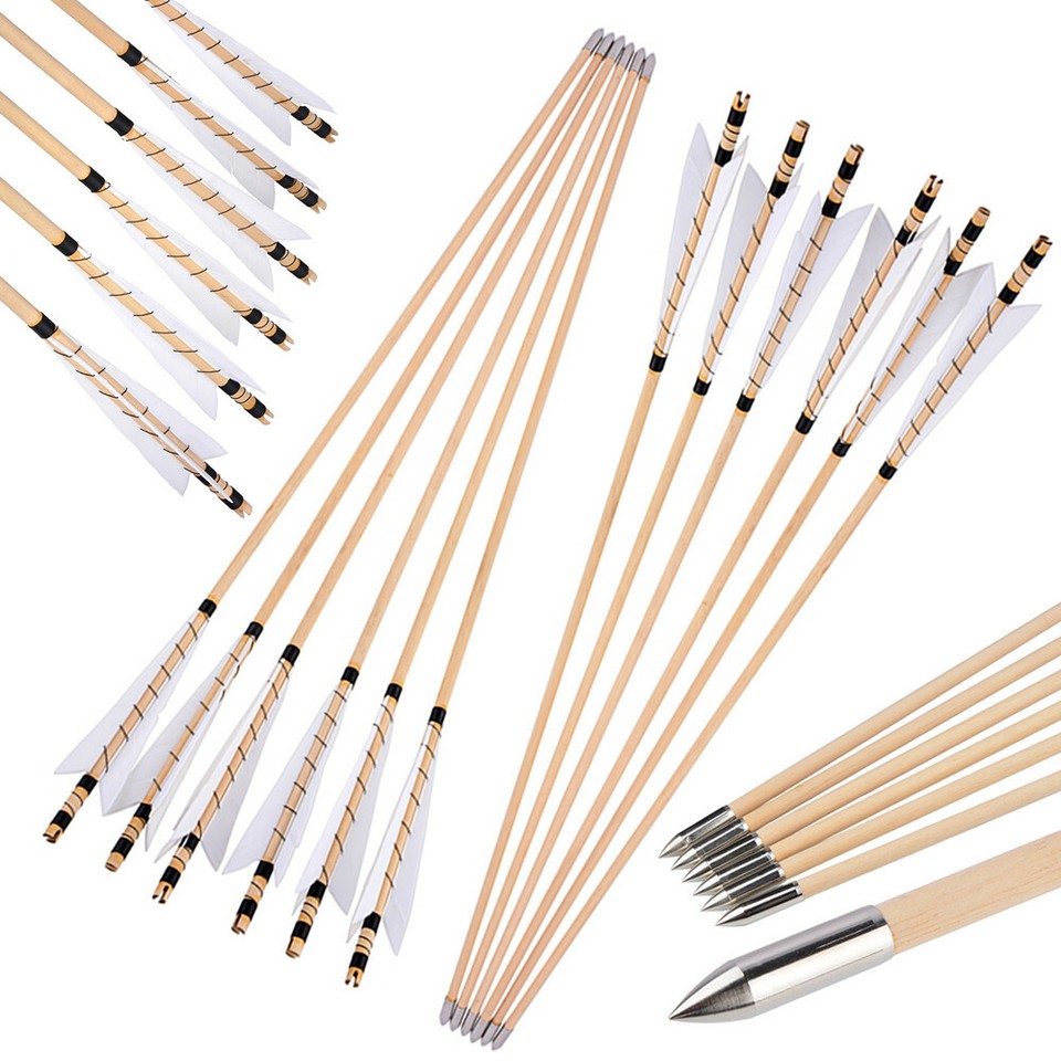 12pcs 32" Wooden Arrows Archery Feather Traditional Longbow Recurve Bow ...