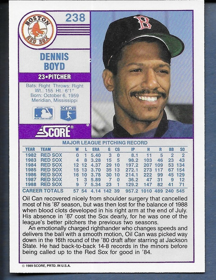 1989 Score #238 DENNIS BOYD Boston Red Sox NM | eBay