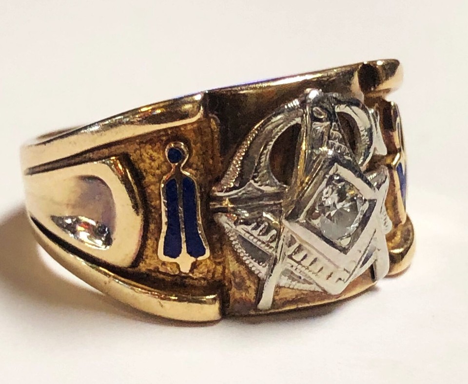 Vintage Masonic Ring 10K w/ Diamond & Blue Enamel sz 12 Yellow Gold ...