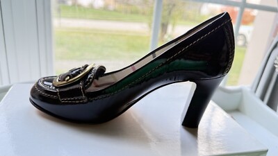 Coach Hillary Womens Slip On Block Heel Buckle Pumps Brown Patent ...