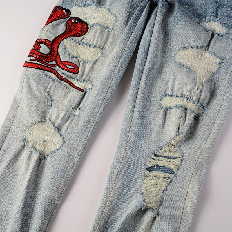 Men's Skinny Jeans Snake Embroidery Stretch Denim Ripped Distressed ...