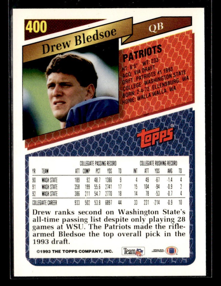 1993 Topps Gold #400 Drew Bledsoe RC | eBay