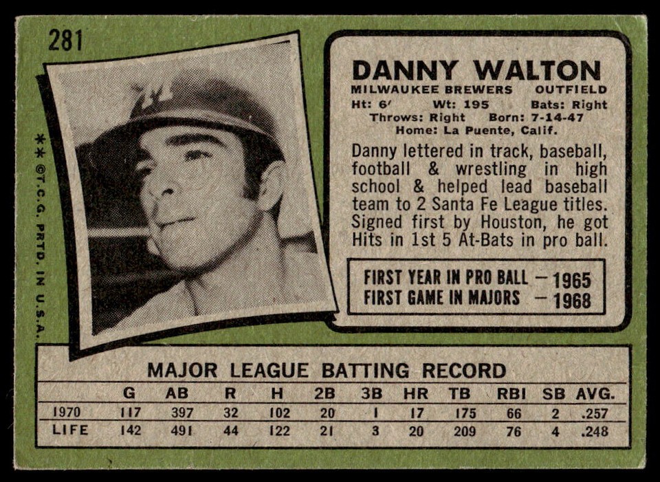 Danny Walton 1971 Topps 281 Milwaukee Brewers Baseball Card | eBay