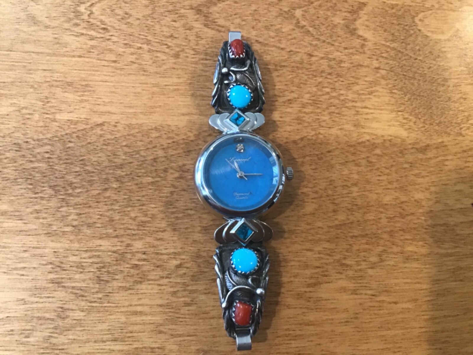 LUCORAL DIAMOND WATCH STERLING TURQUOISE CORAL WATCH BAND NEW BATTERY ...