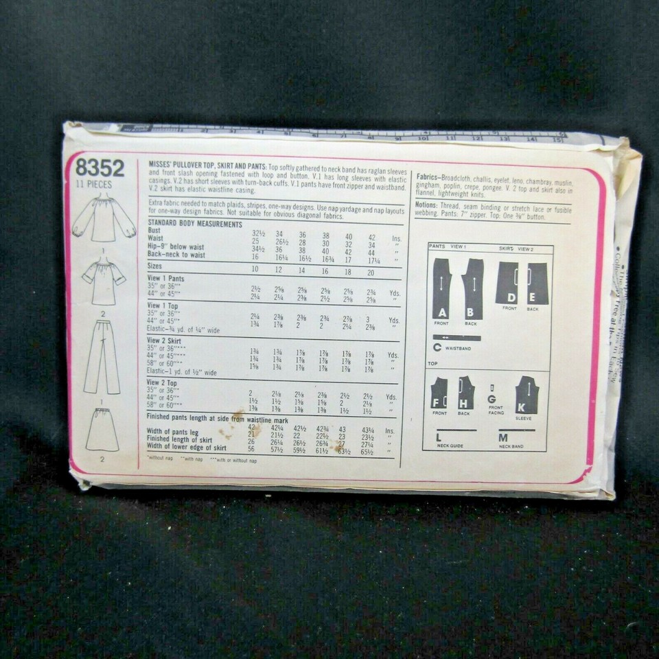 Simplicity Pattern 8352 Pull Over Peasant Top Skirt Pants Size 14 CUT ...