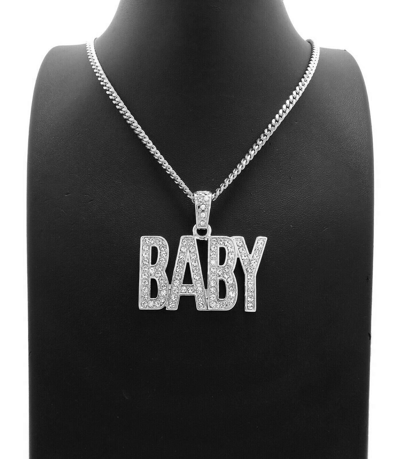 Iced Silver PT Lil BABY 4PF Pendant & 20" 24" Box Cuban Chain Hip Hop ...