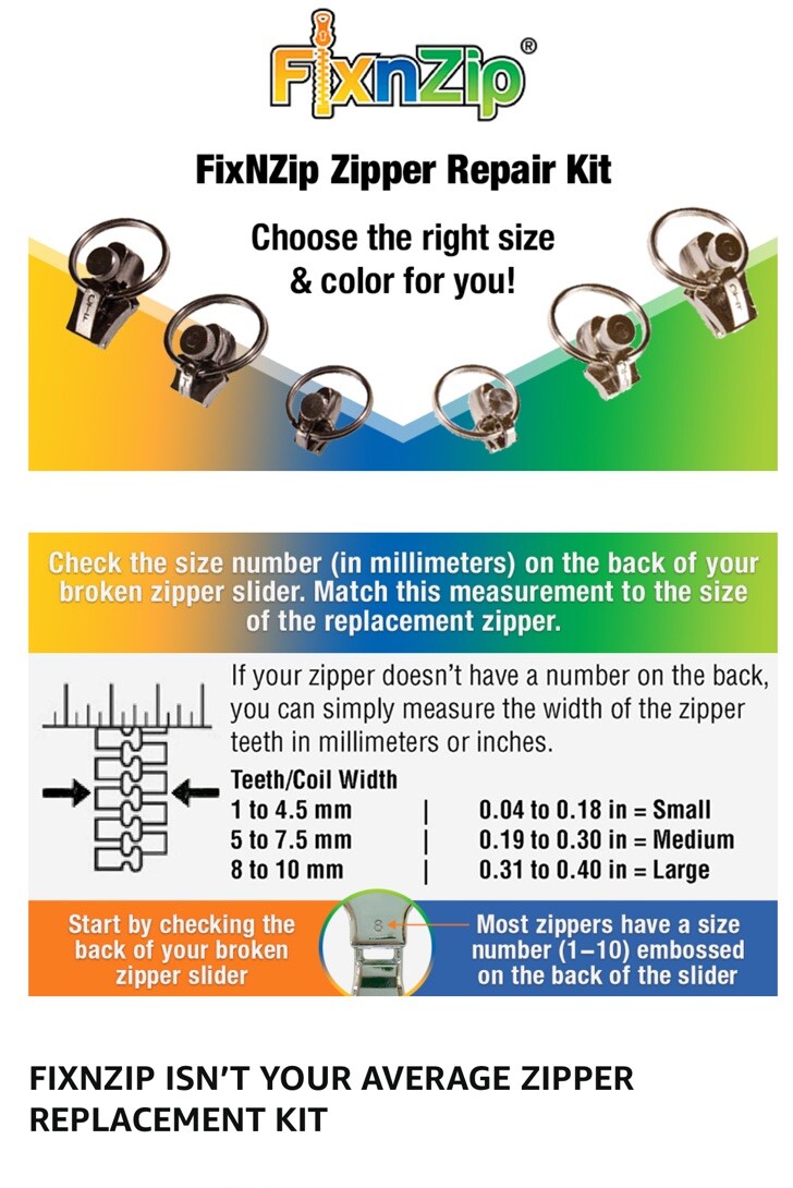 FixnZip Large Black Nickel See Size Guide Universal Zipper Repair Kit ...