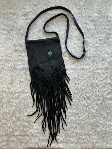 Jess Conti $210 Black Leather Fringe Crossbody Cross Body Bag Festival ...