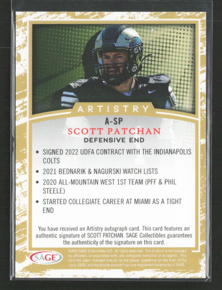 2022 SAGE #A-SP Scott Patchan Autographs Black Colorado State Rams (W ...