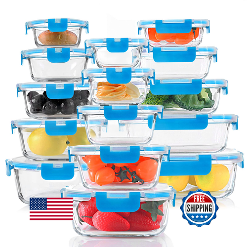 30pc Glass Meal Prep Food Storage Containers Blue Airtight Snap Lock ...