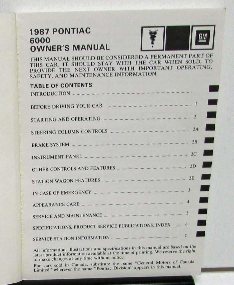 1987 Pontiac Owners Manual 6000 Care & Operation Original | eBay