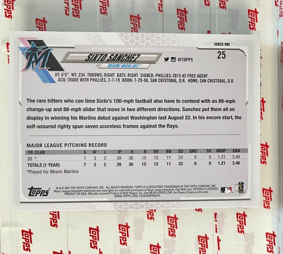 2021 Topps Series 1 #25 Sixto Sanchez RC - Miami Marlins Rookie RC | eBay