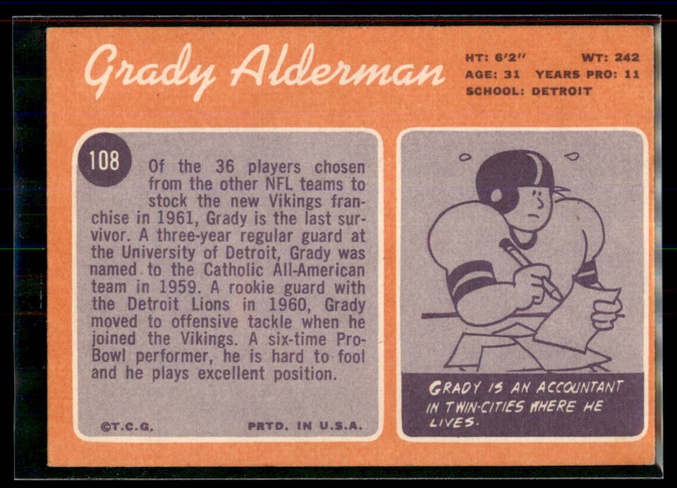 1970 Topps Grady Alderman #108 Minnesota Vikings | eBay