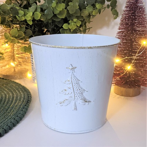 15cm Metal Christmas Tree Embossed Plant Pot Tin Pail Planter Gold ...