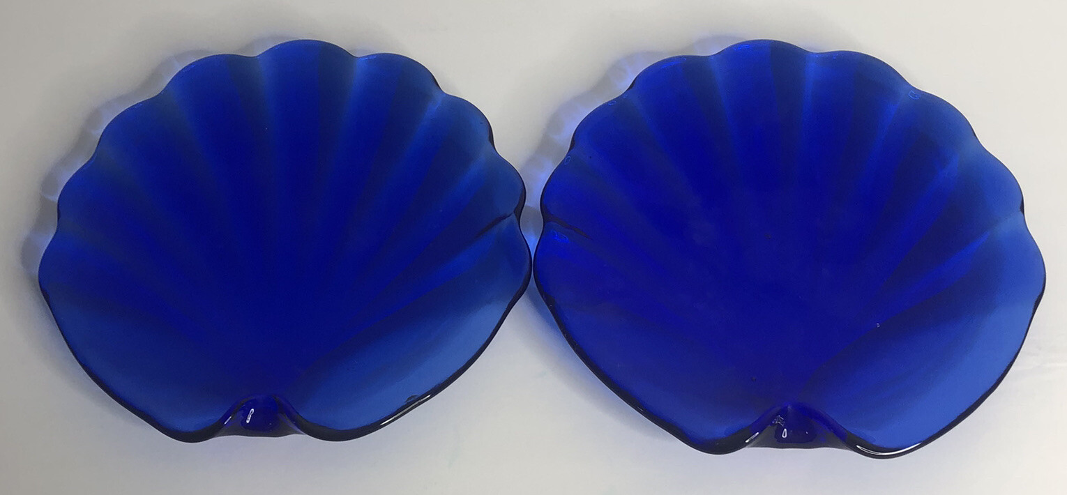 Vintage Handmade Cobalt Blue Glass Shell Plates Nautical Hand Blown Set ...