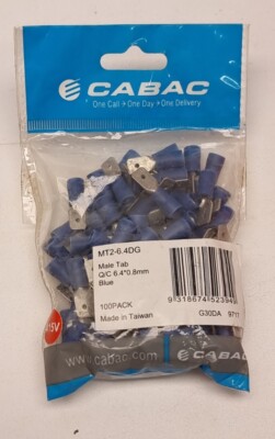 100 x Cabac Blue Quick Connect Terminal MT2-6.4DG Male Tab Lug 6.4 x 0 ...
