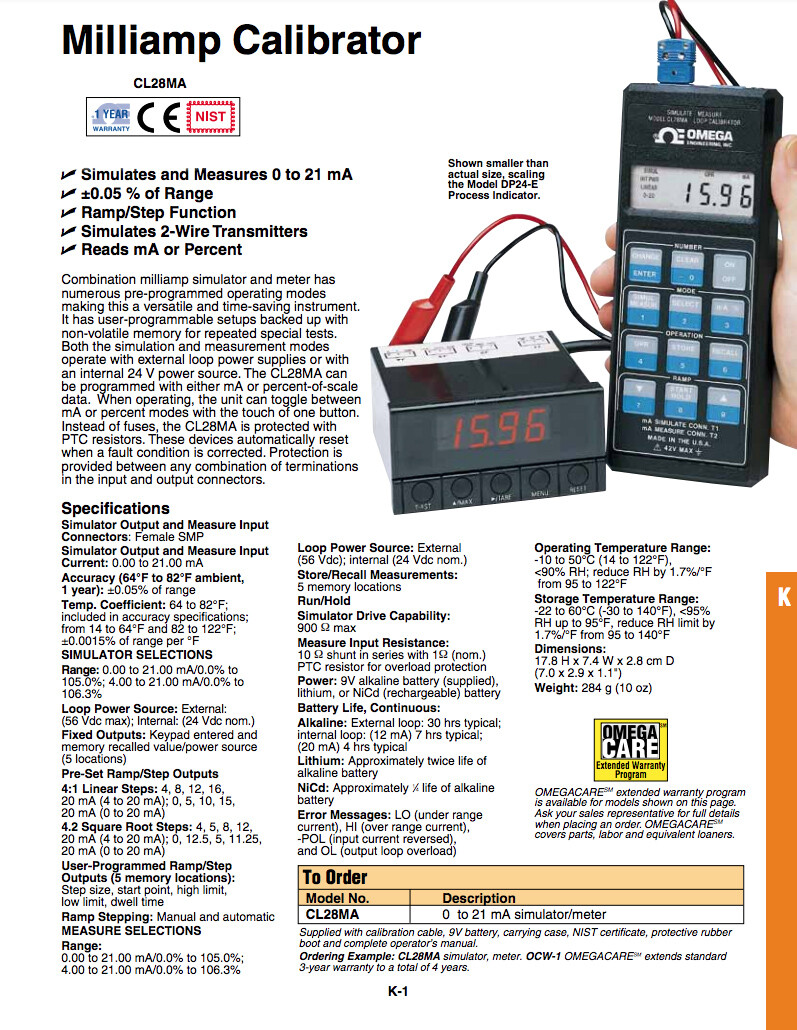 OMEGA CL28MA Current Loop Calibrator. Made in USA - GUARANTEED ...