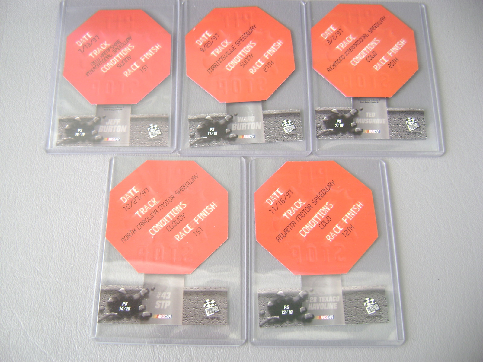 PRESS PASS '98 LOT OF 5 INSERT DIE CUT PIT STOP CARDS PS#'S/BURTON/ETC ...