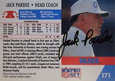 Jack Pardee (d.2013) Oilers Coach Autograph 1991 NFL ProSet #171 Signed ...