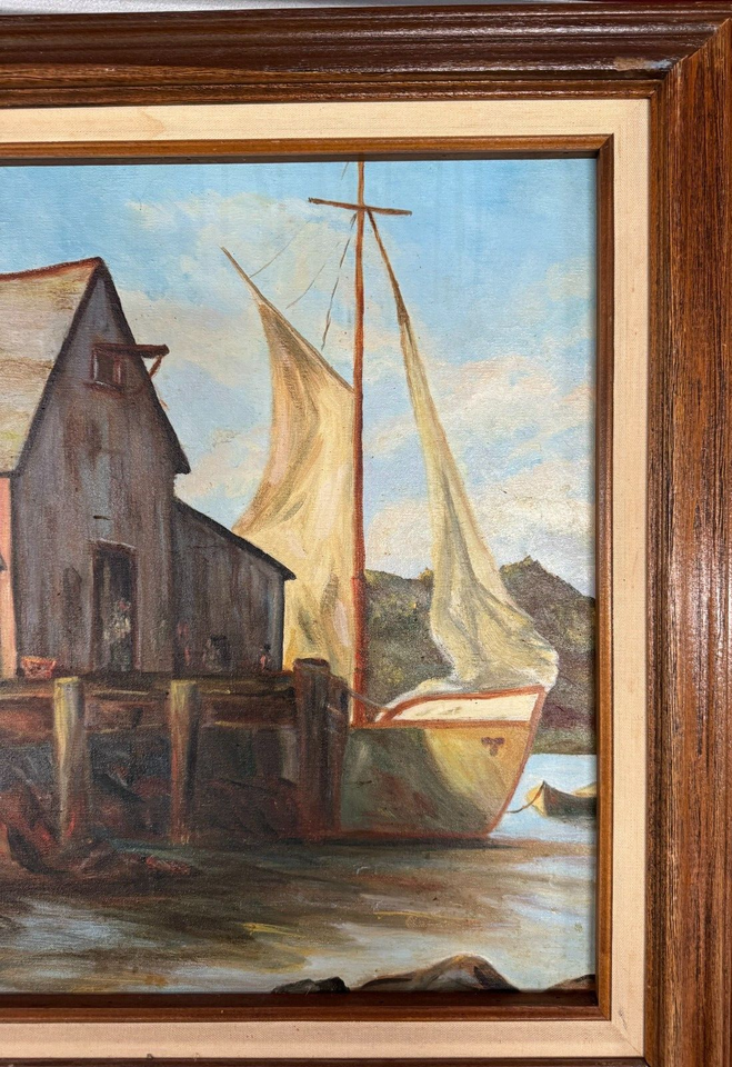 ORIGINAL VINTAGE ROCKPORT DOCK SCENE, UNSIGNED OIL ON CANVAS, MID ...
