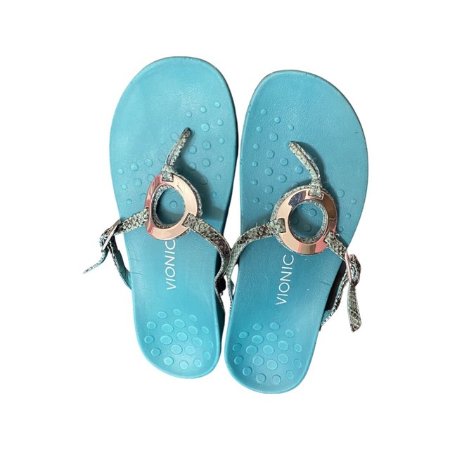 Vionic Karina Womens 8 M Teal Snake Print Flip Flops Arch Support Thong ...