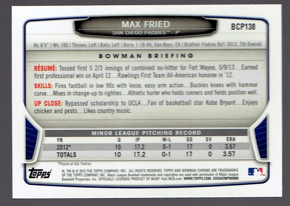 2013 Bowman Chrome Max Fried Baseball Card BCP138 | eBay
